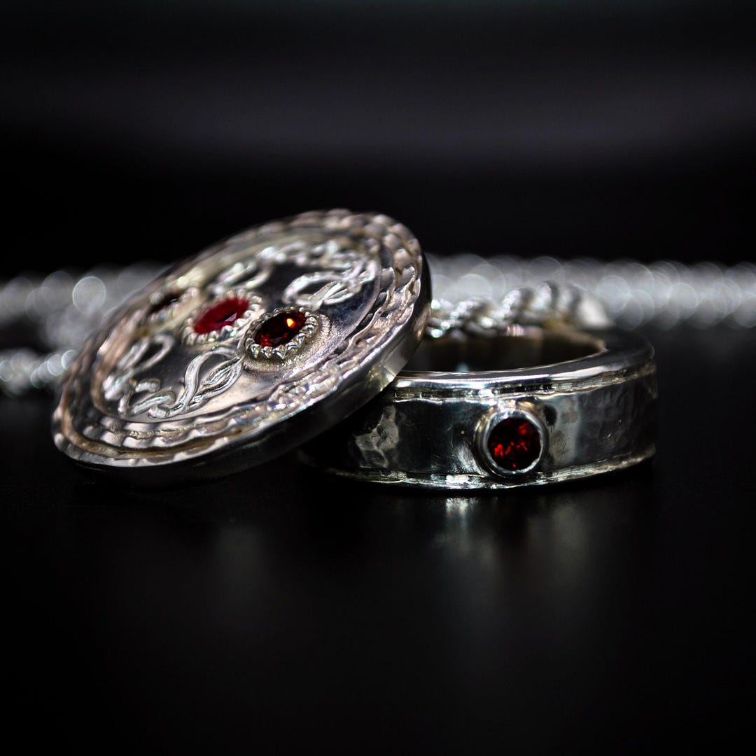 Skyrim Silver Garnet Ruby Necklace and Ring: Handmade Fine Silver Elder ...