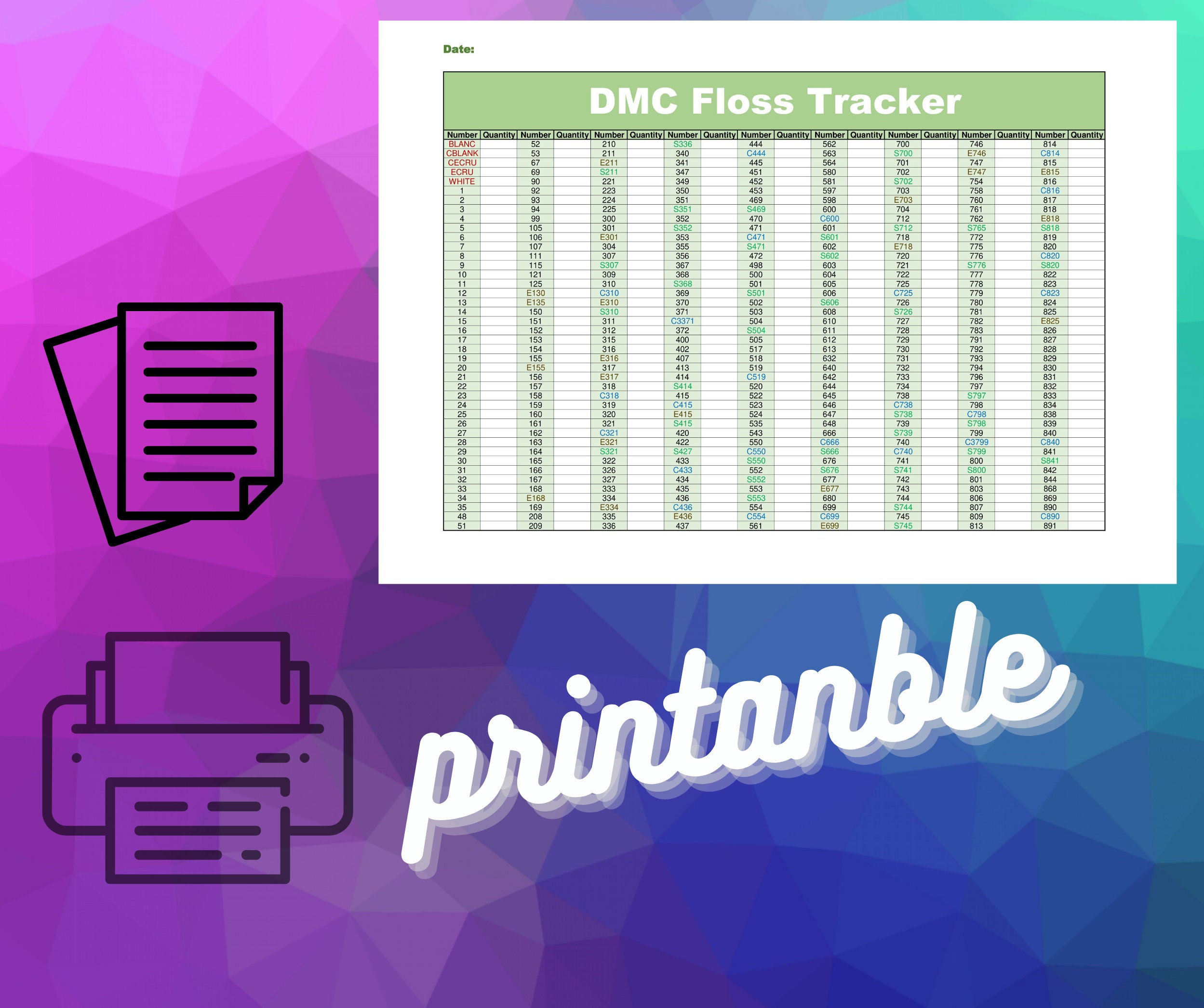 DMC Floss Inventory Tracker Has 733 Colors Numbers is Printable and ...