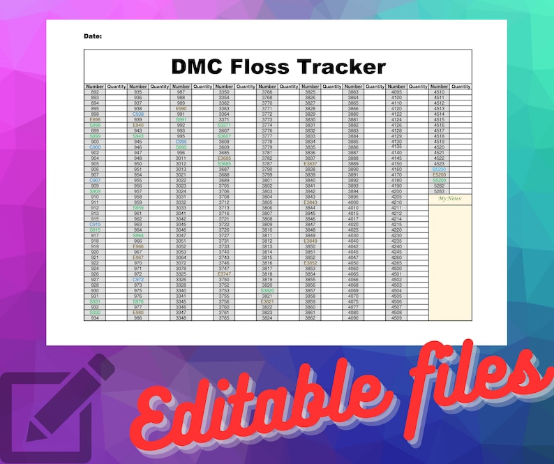 DMC Floss Inventory Tracker: 733 Color Numbers (printable & Editable ...