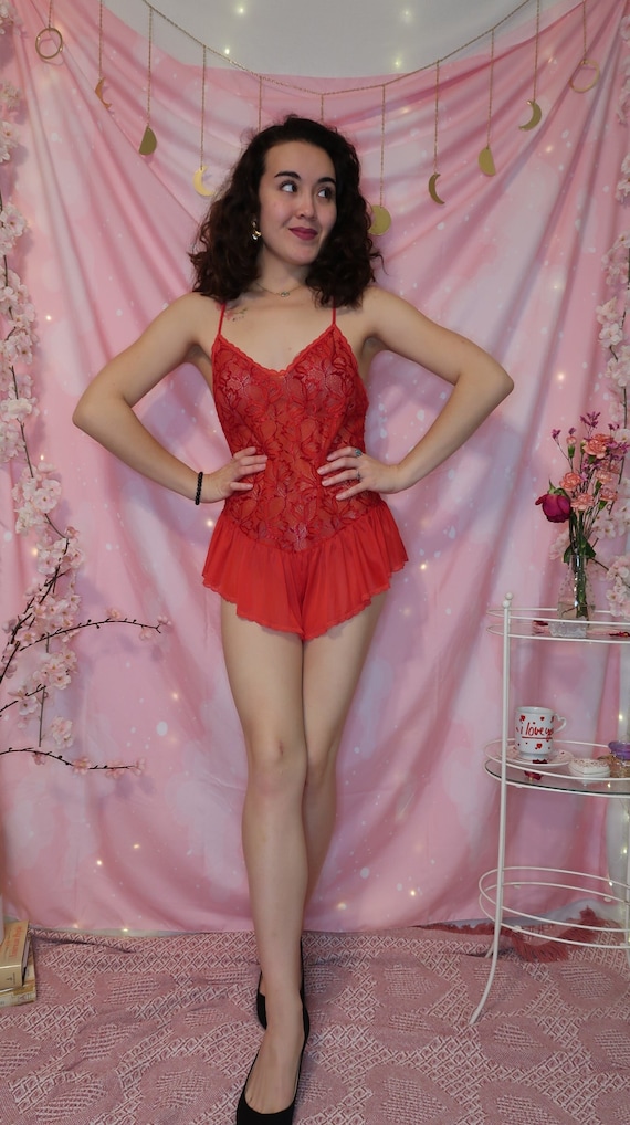 Vintage 70 s Lingerie Floral Red Lace Bodysuit Vanity Fair Brand Size M Button Closure Made in USA Flowy Elegant Intimate Etsy
