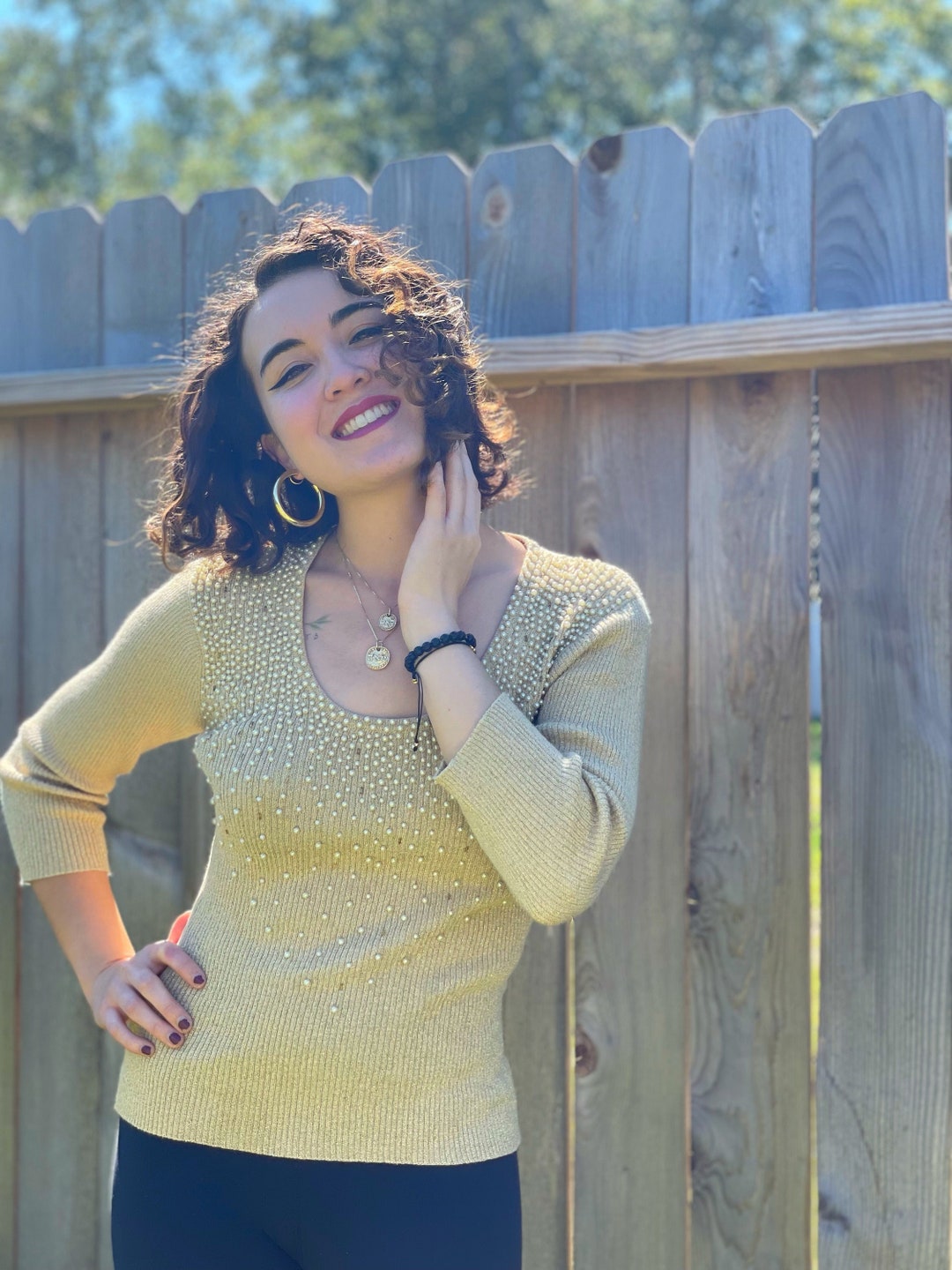 Vintage 80's Beaded Metallic Gold Sweater W/ Pearl Beads, Size S, Cache ...