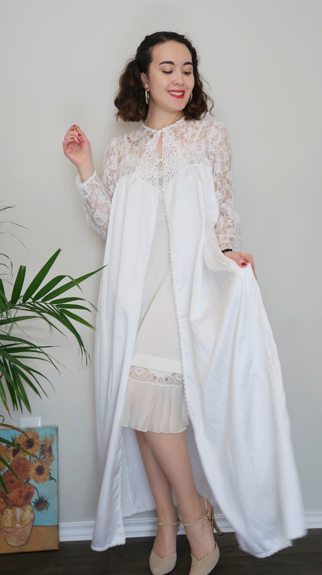 1960's 1970's Lace Peignoir Bridal Robe, Made in USA, Size Small, 100 ...