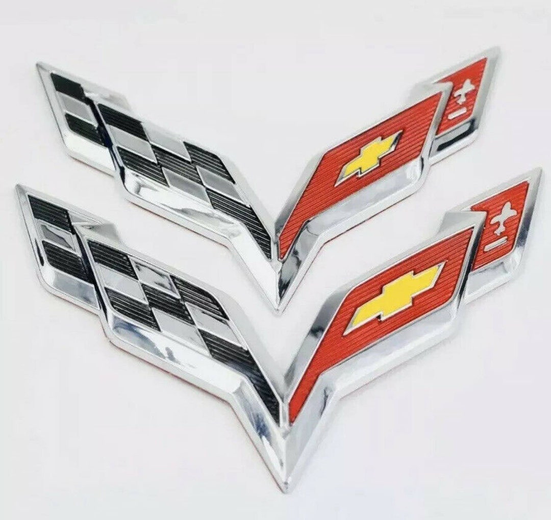 New Corvette C7 Stingray GM Front & Rear Crossed Flags Emblems Black ...