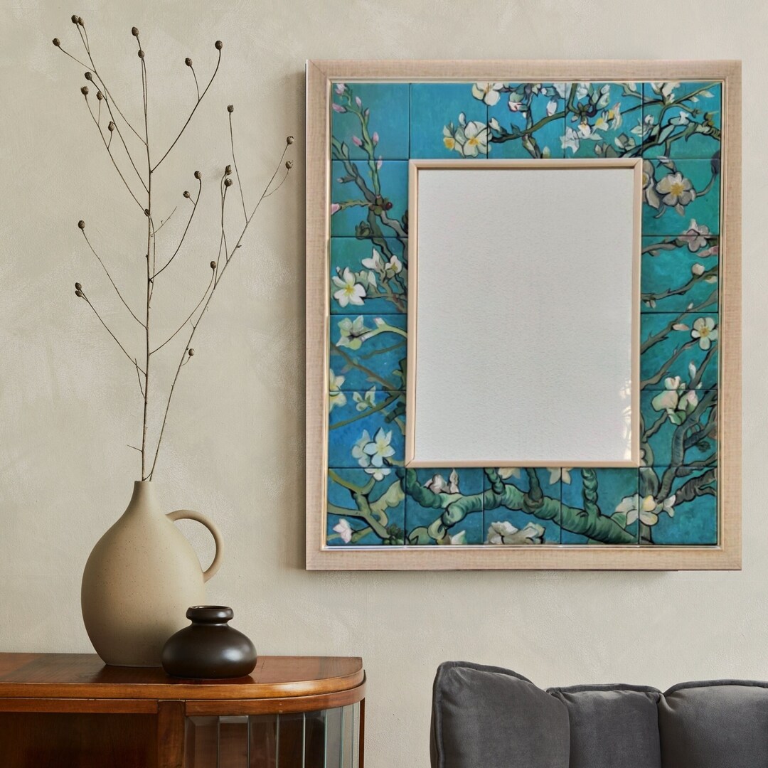 Hand-painted Ceramic Mirror – Van Gogh Almond Blossom Inspired – Framed ...