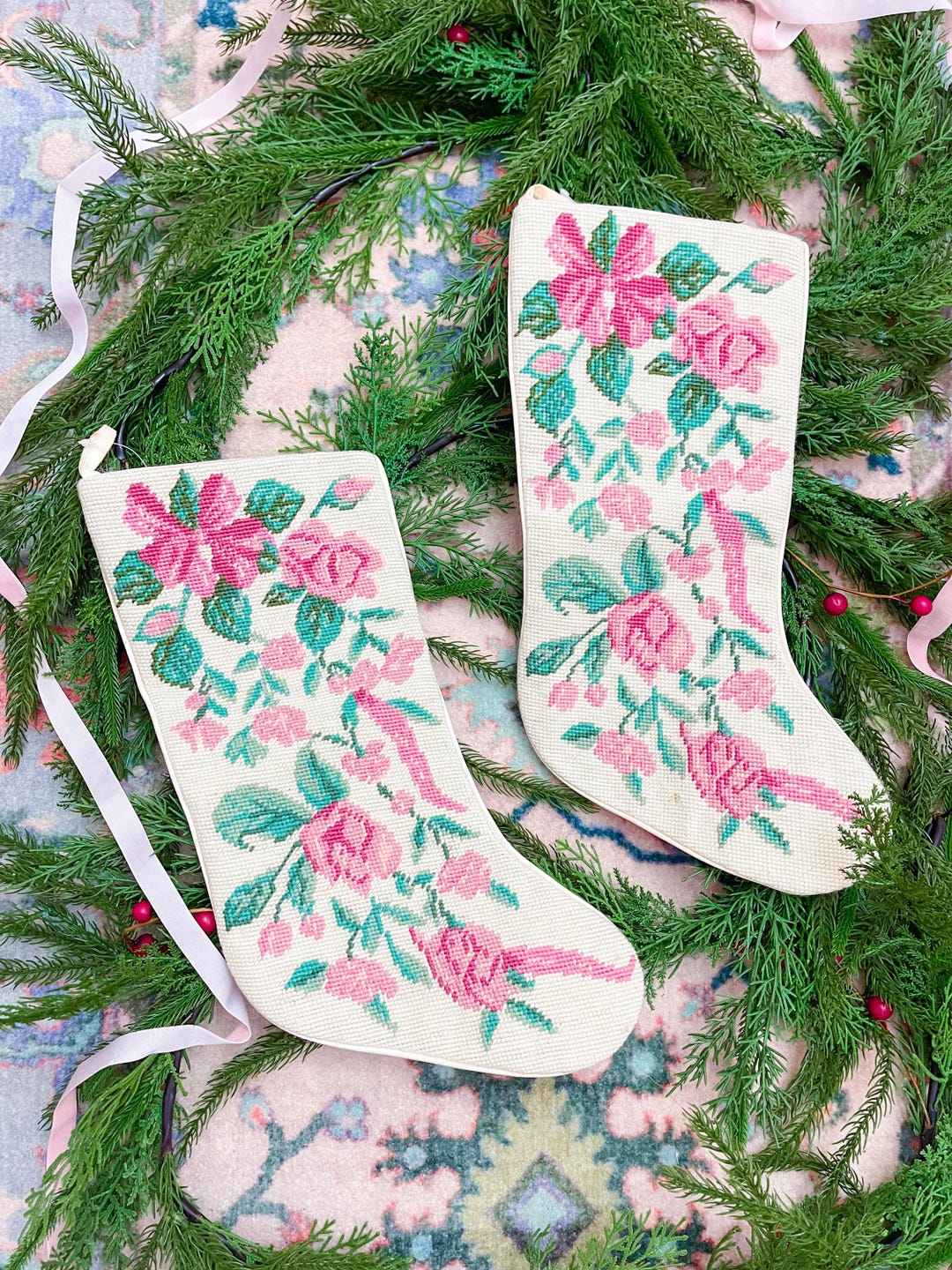 Vintage Pink Roses, Ribbon & Bow Needlepoint Traditional Christmas ...