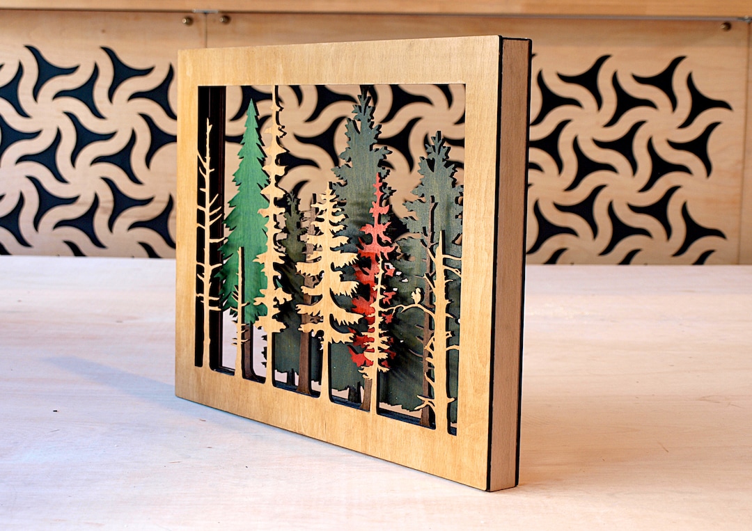 Handmade 3D Forest Wall Art Wooden Forest Scene With Bear Figure and ...