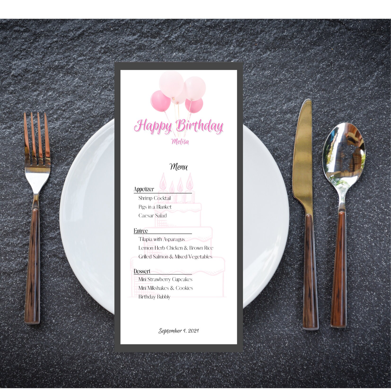 Pink Birthday Cake and Candles Custom Food Menu for Birthday Parties ...