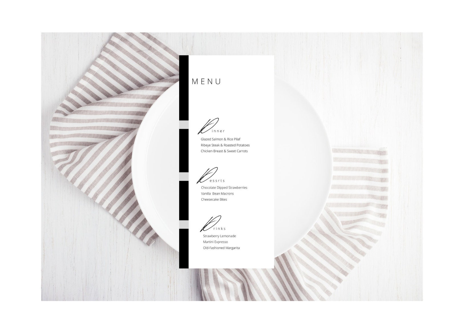 Black and White Cursive Minimal Food and Drink Menu Cards - PRINTABLE ...