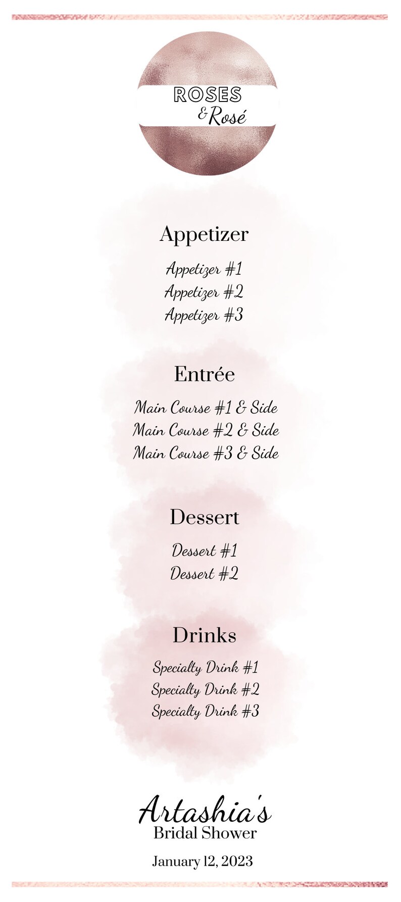 Rose Gold Roses and Rosé Themed Food and Drink Menu - Canva Template ...