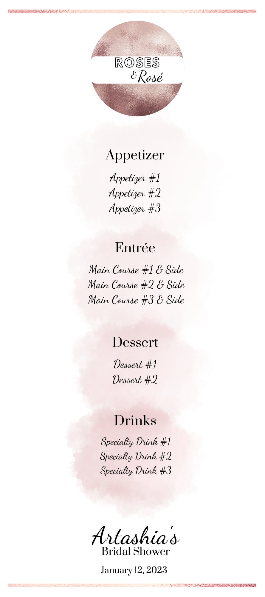 Rose Gold Roses and Rosé Themed Food and Drink Menu - Canva Template ...