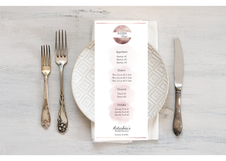 Rose Gold Roses and Rosé Themed Food and Drink Menu - Canva Template ...