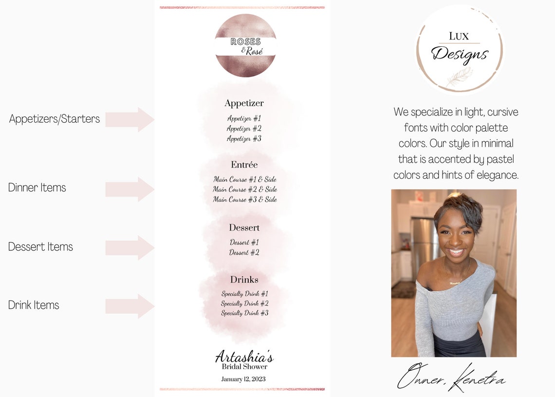 Rose Gold Roses and Rosé Themed Food and Drink Menu - Canva Template ...