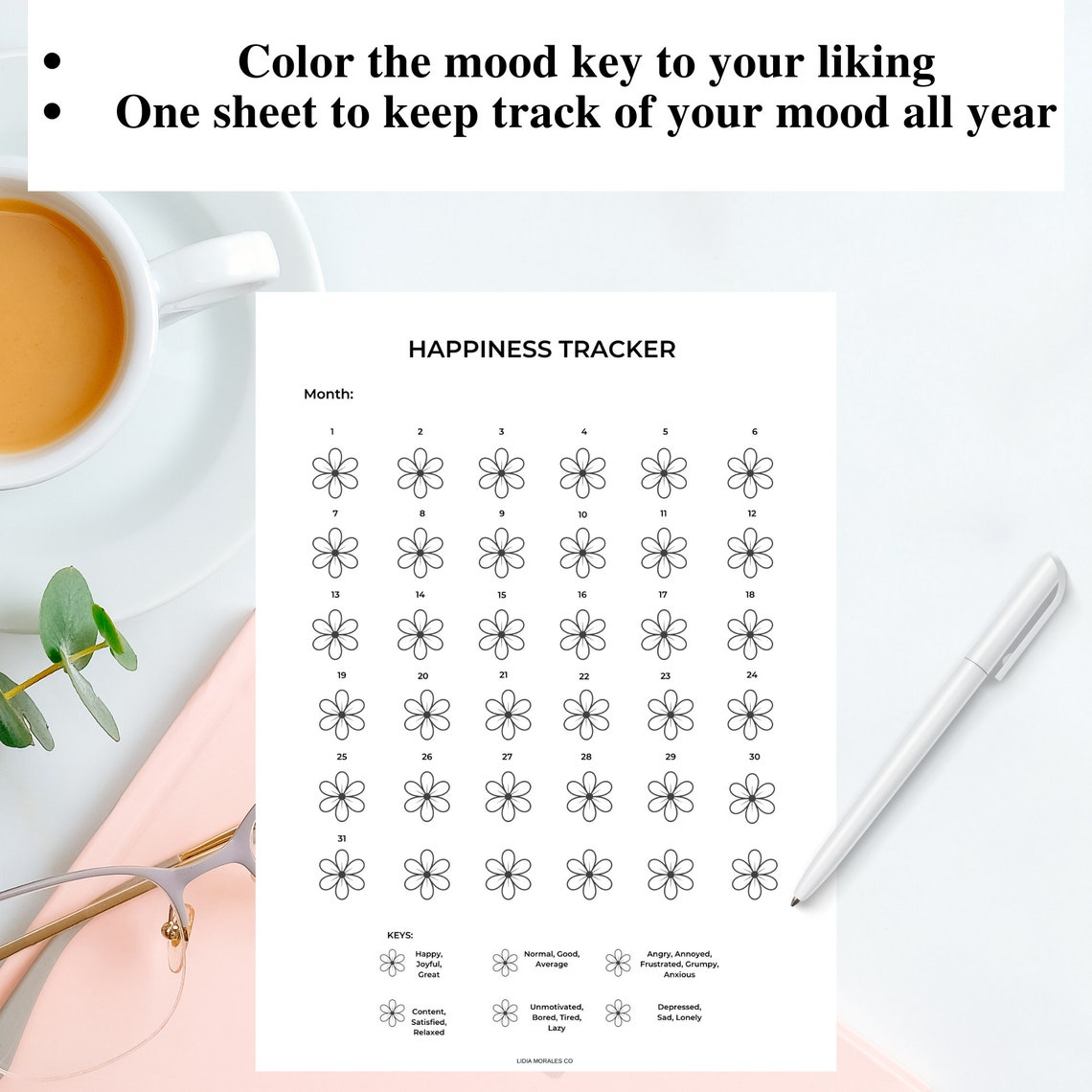 Flower Happiness Tracker, Printable Happiness Tracker, Happiness Log ...