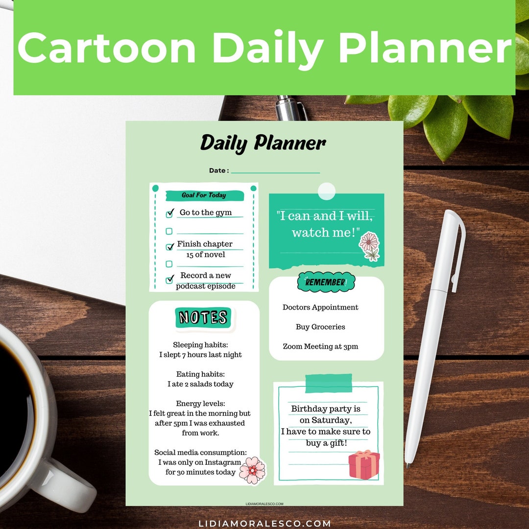 Green Cartoon Journal, Daily Printable Journal, Goodnotes,daily Goal ...