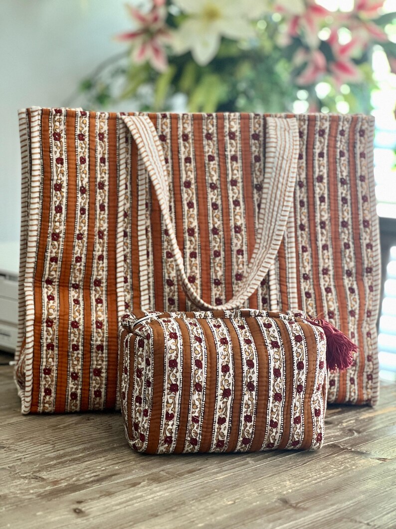 Hand Block Printed Quilted Tote Bag Set – Cotton Market Tote & Toiletry ...