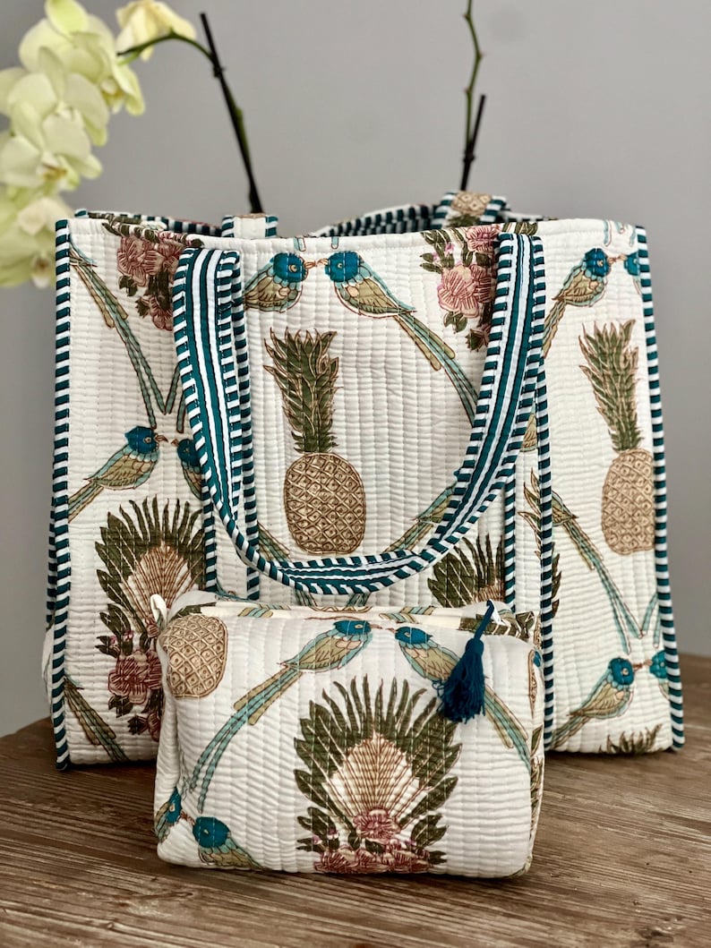 Hand Block Printed Quilted Tote Bag Set – Cotton Market Tote & Toiletry ...