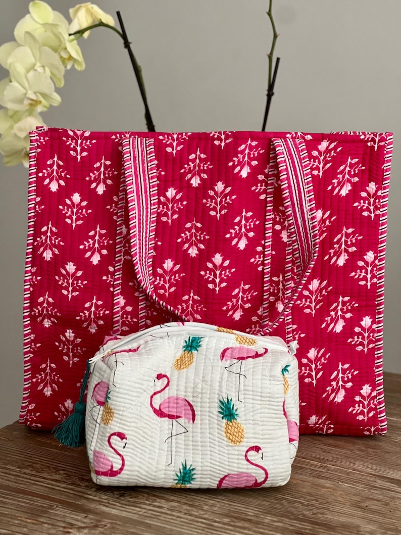 Hand Block Printed Quilted Tote Bag Set – Cotton Market Tote & Toiletry ...