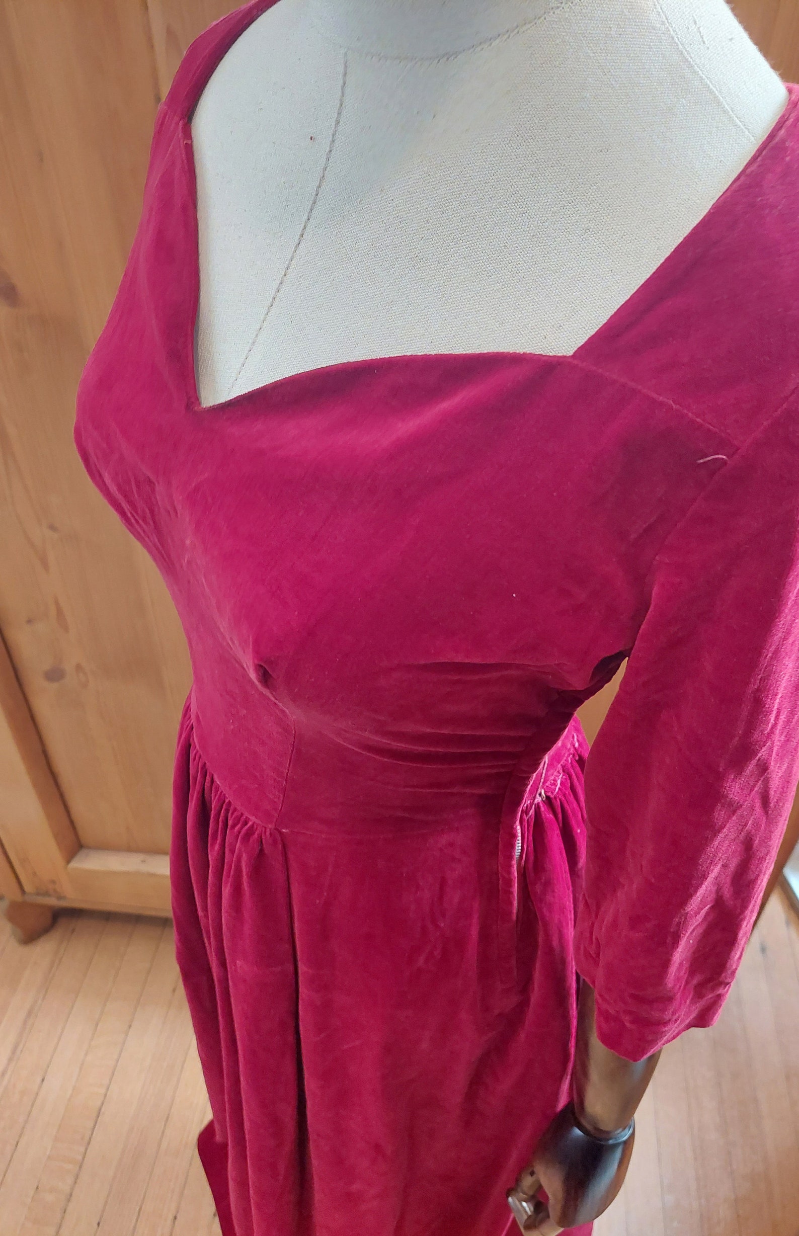 40s Burgundy Red Velvet Long Gown Sweetheart Dress - Etsy