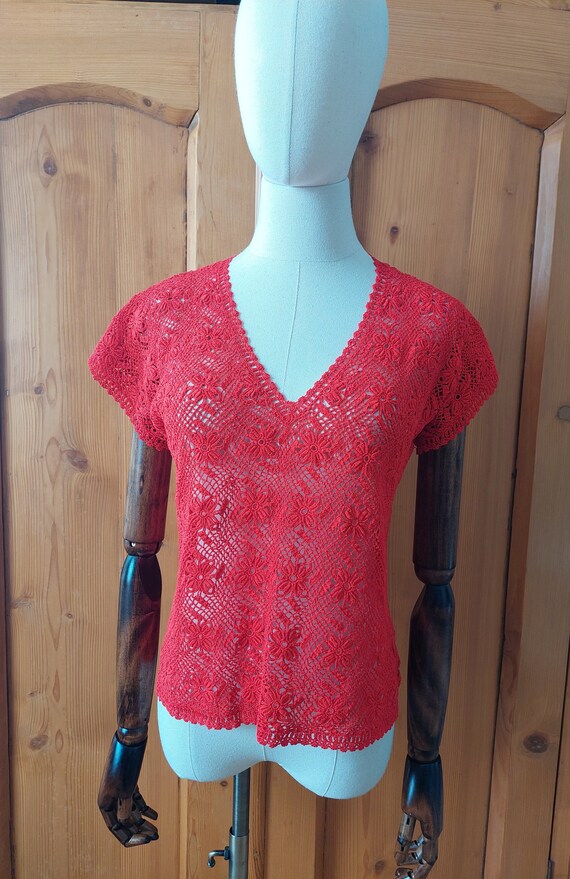 1970s red-orange cherry blossom print polyester open … - Gem