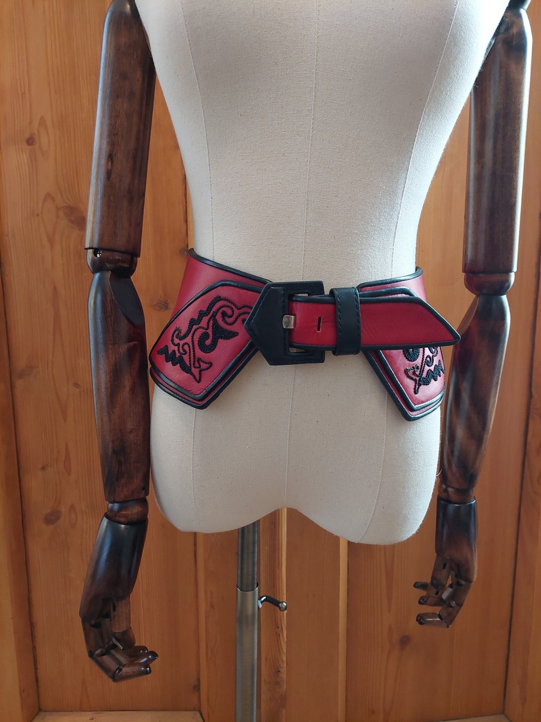 80s French Lasso Red and Black Wide Leather Statement Belt - Etsy