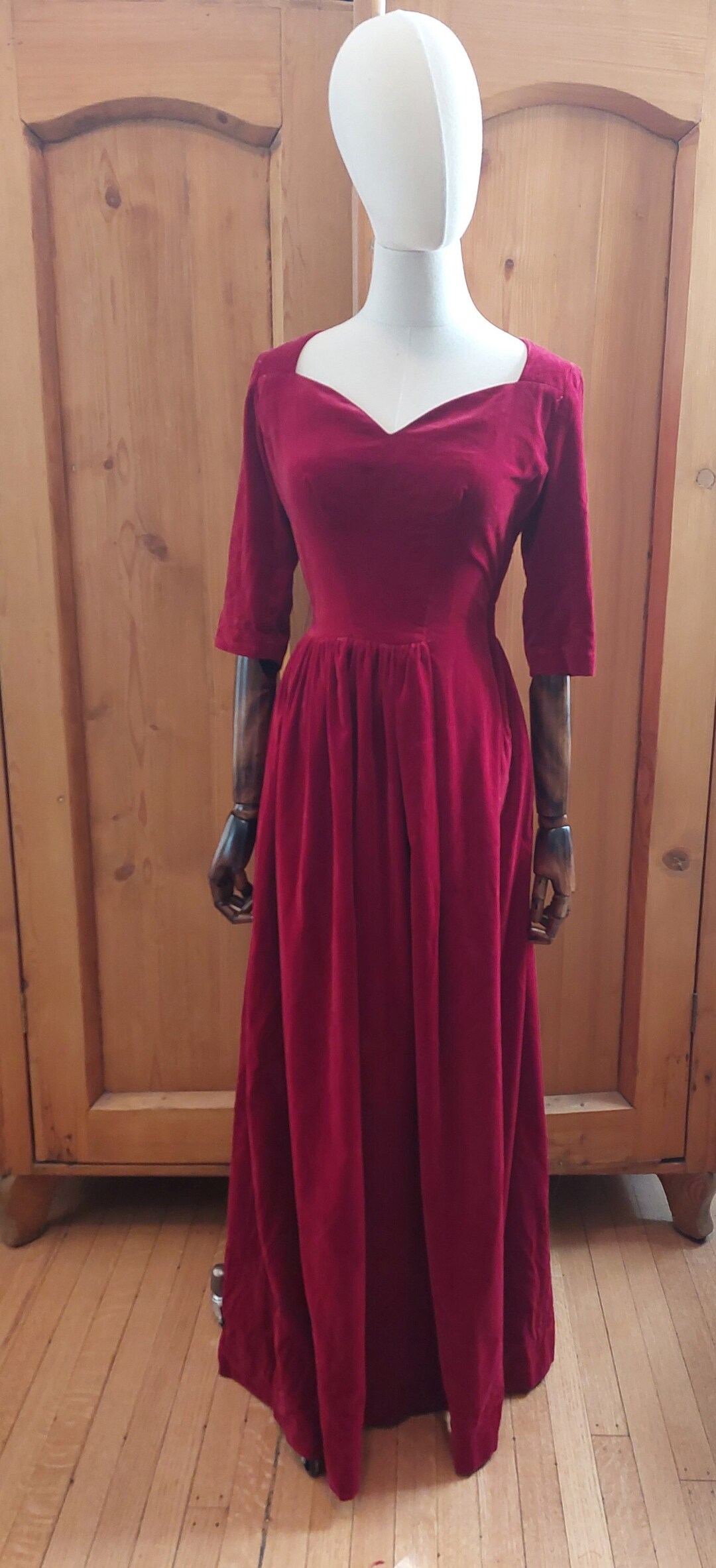 40s Burgundy Red Velvet Long Gown Sweetheart Dress - Etsy