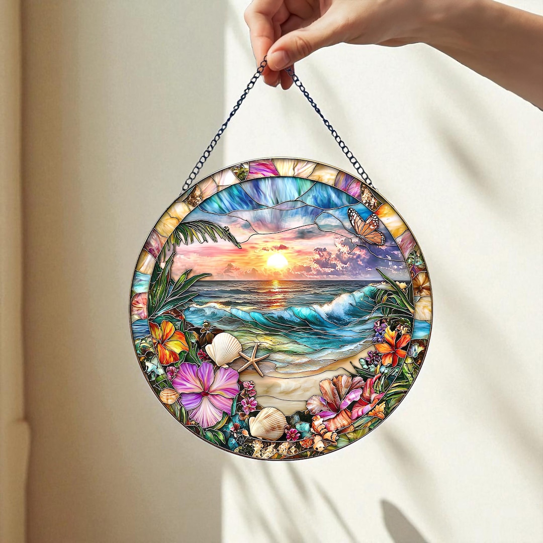 Ocean View Suncatcher – Handmade Stained Glass Window Hanging, Coastal ...