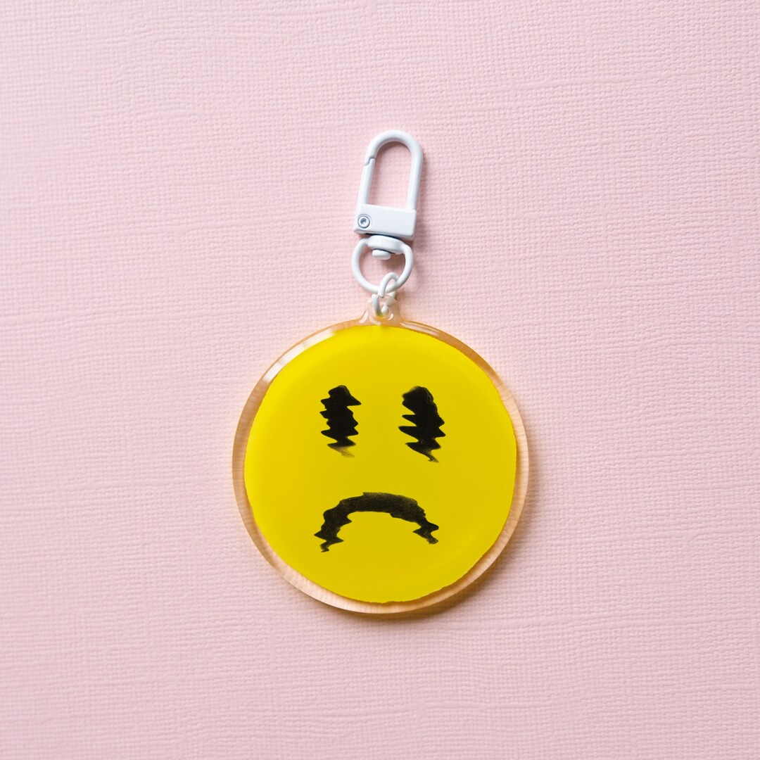 Warped Sad Face Keychain, Mental Health, Epoxy Coated Keychain, Sad ...