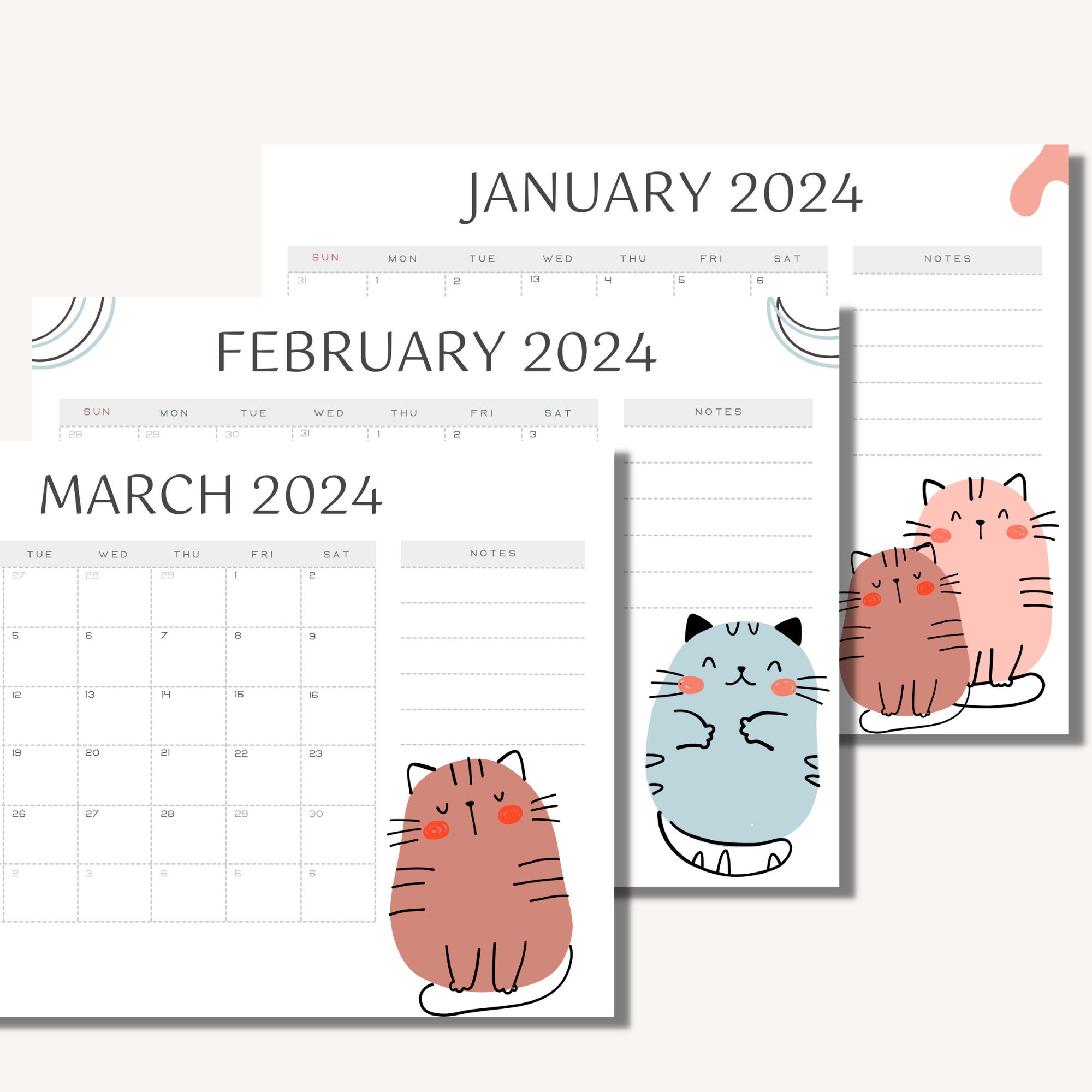 2024 Printable Cat Calendar Landscape Minimalist Monthly Calendar 2024 ...