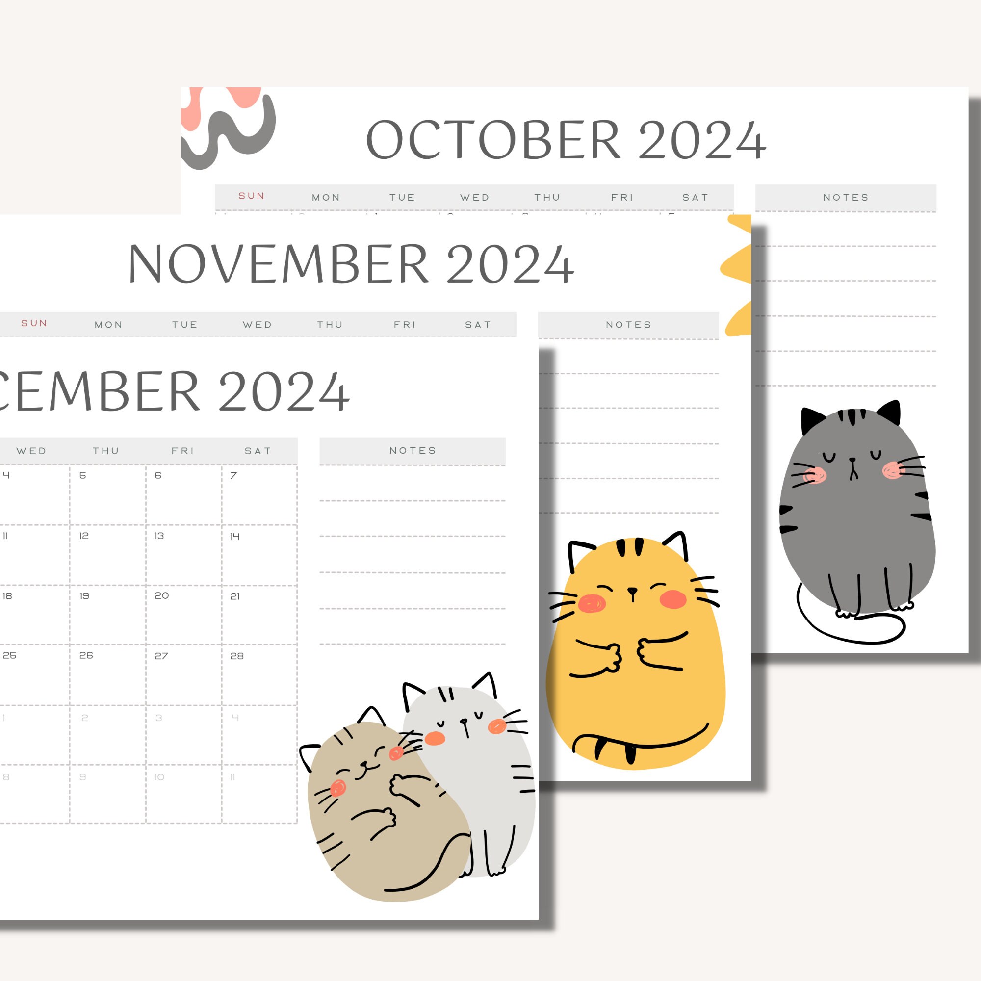 2024 Printable Cat Calendar Landscape Minimalist Monthly Calendar 2024 ...
