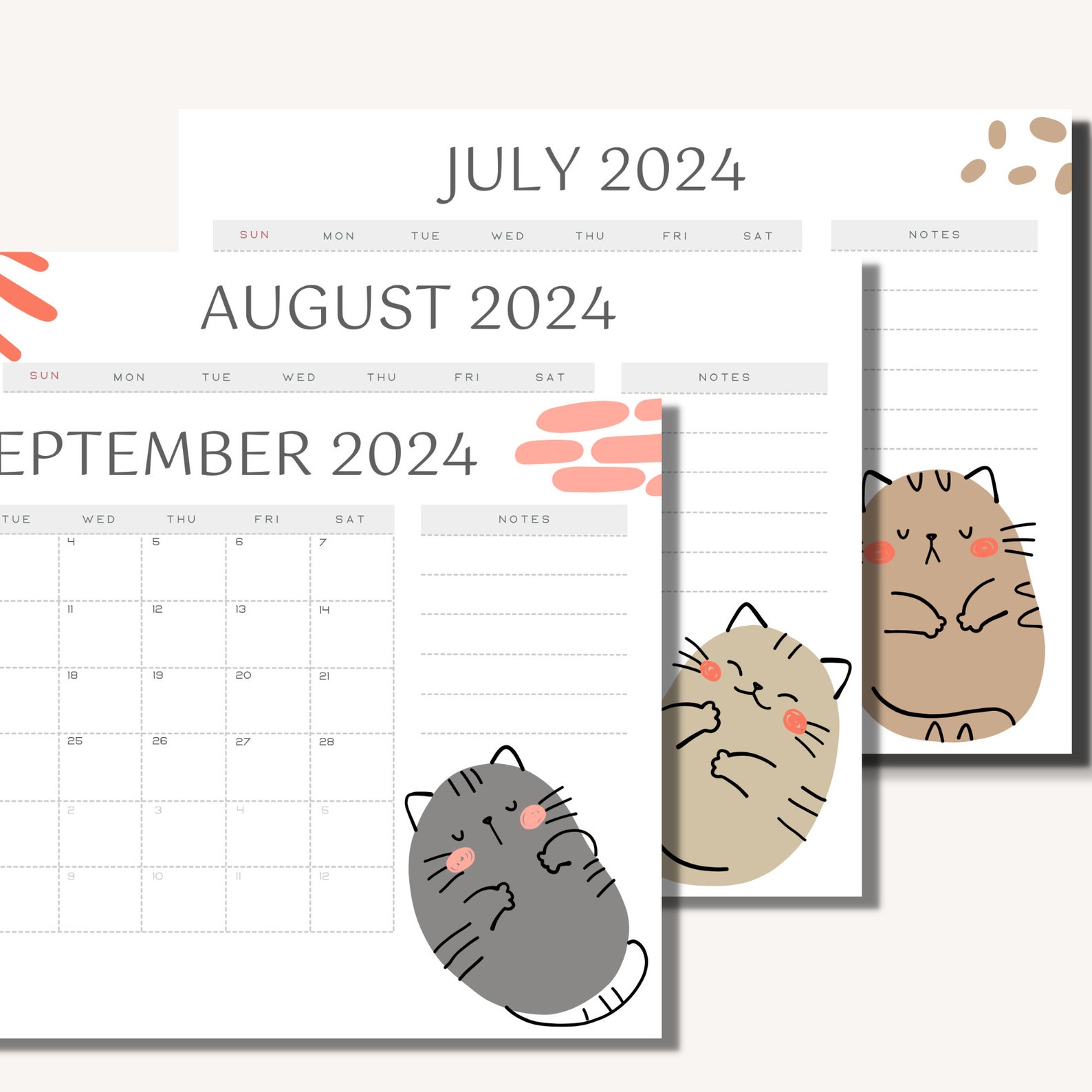 2024 Printable Cat Calendar Landscape Minimalist Monthly Calendar 2024 ...