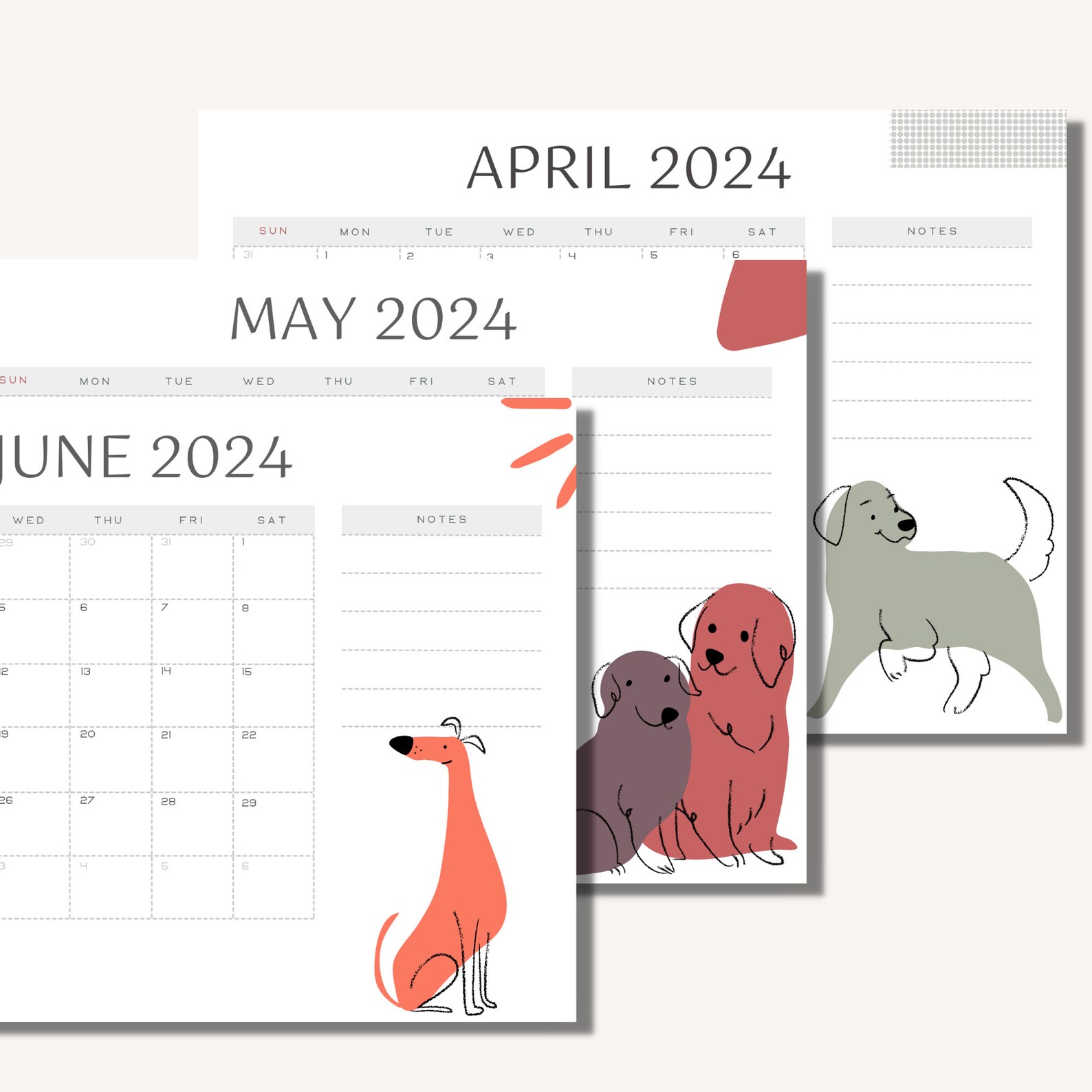 2024 Printable Dog Calendar Landscape Minimalist Monthly Calendar 2024 ...