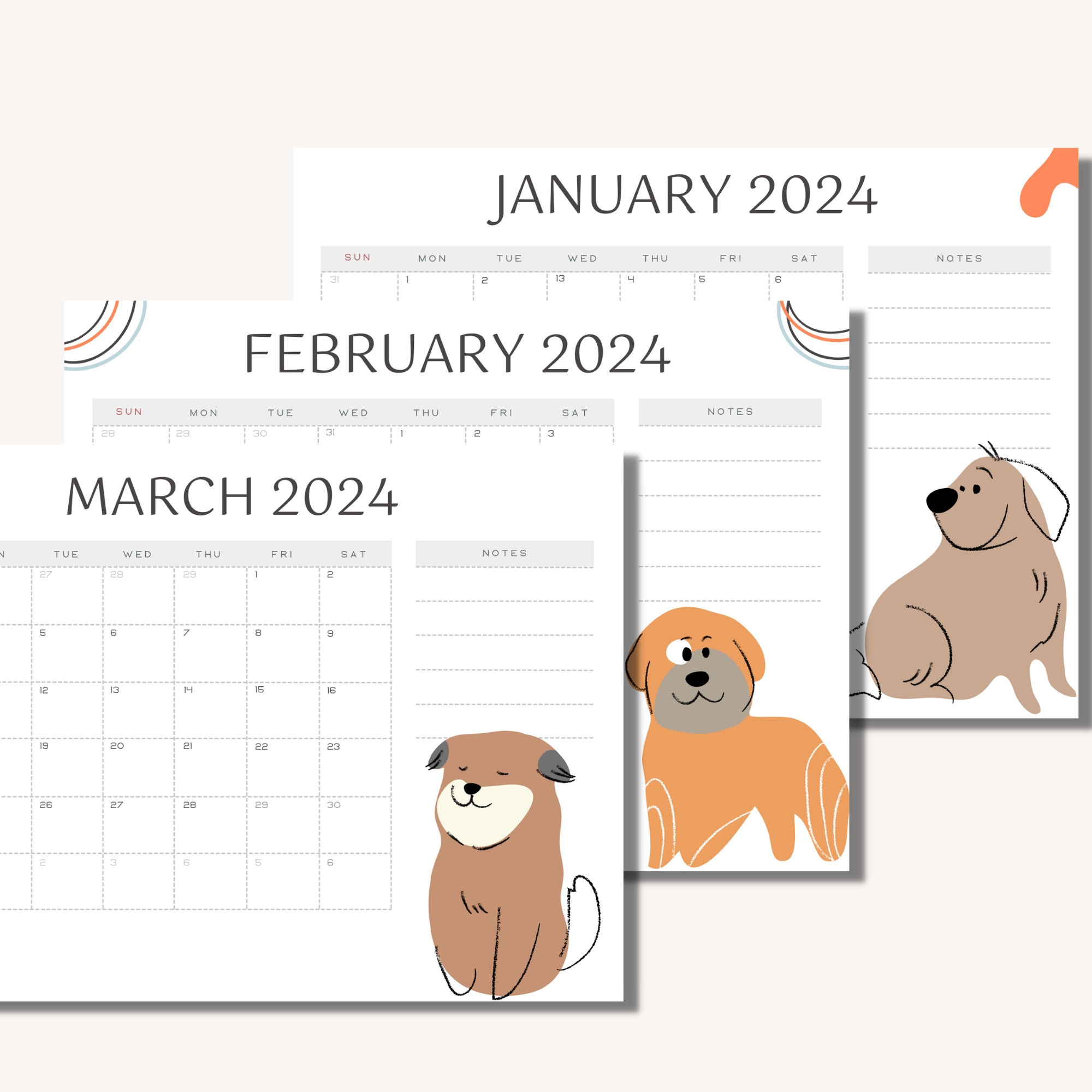 2024 Printable Dog Calendar Landscape Minimalist Monthly Calendar 2024 ...