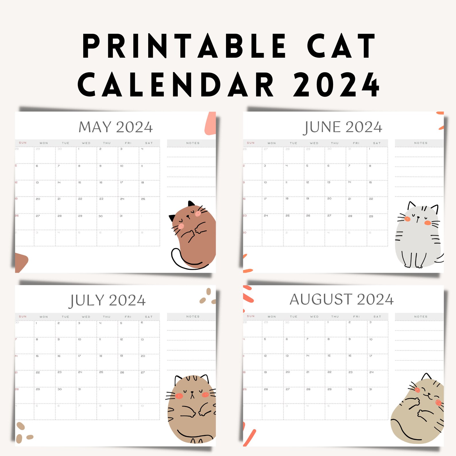 2024 Printable Cat Calendar Landscape Minimalist Monthly Calendar 2024 ...
