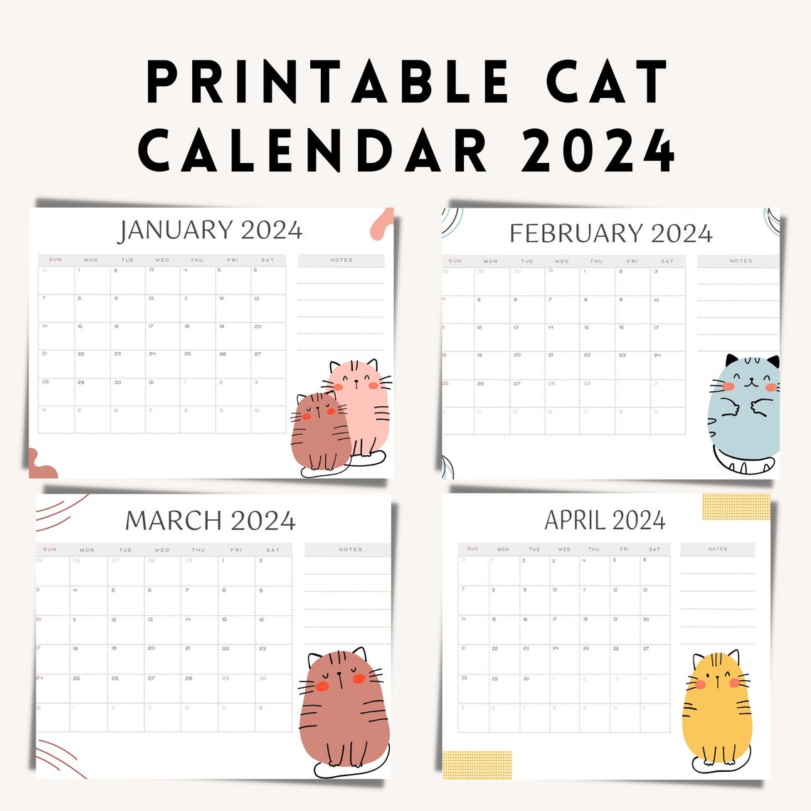 2024 Printable Cat Calendar Landscape Minimalist Monthly Calendar 2024 ...