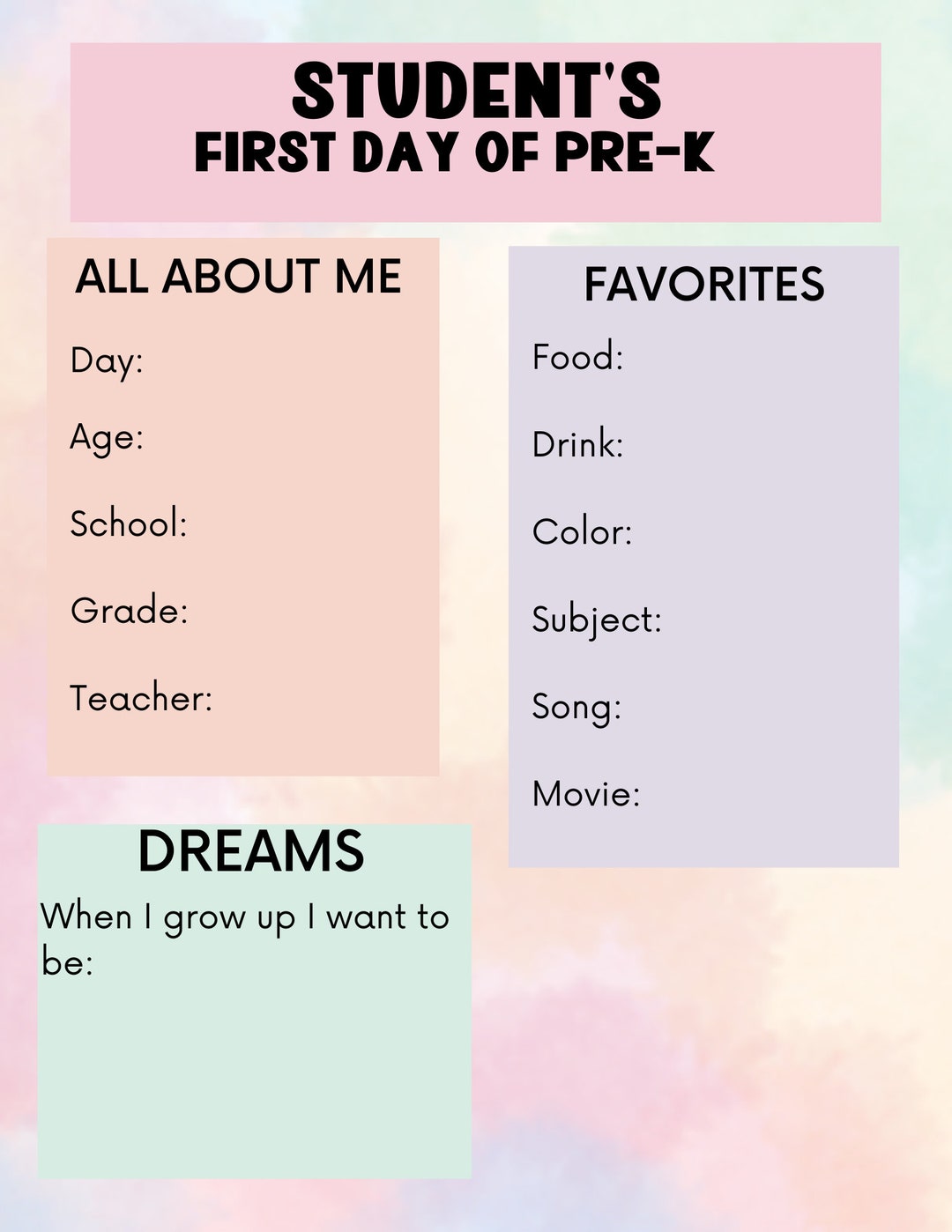 First Day of School All About Me Pages Pre-k Through Sixth Grade - Etsy