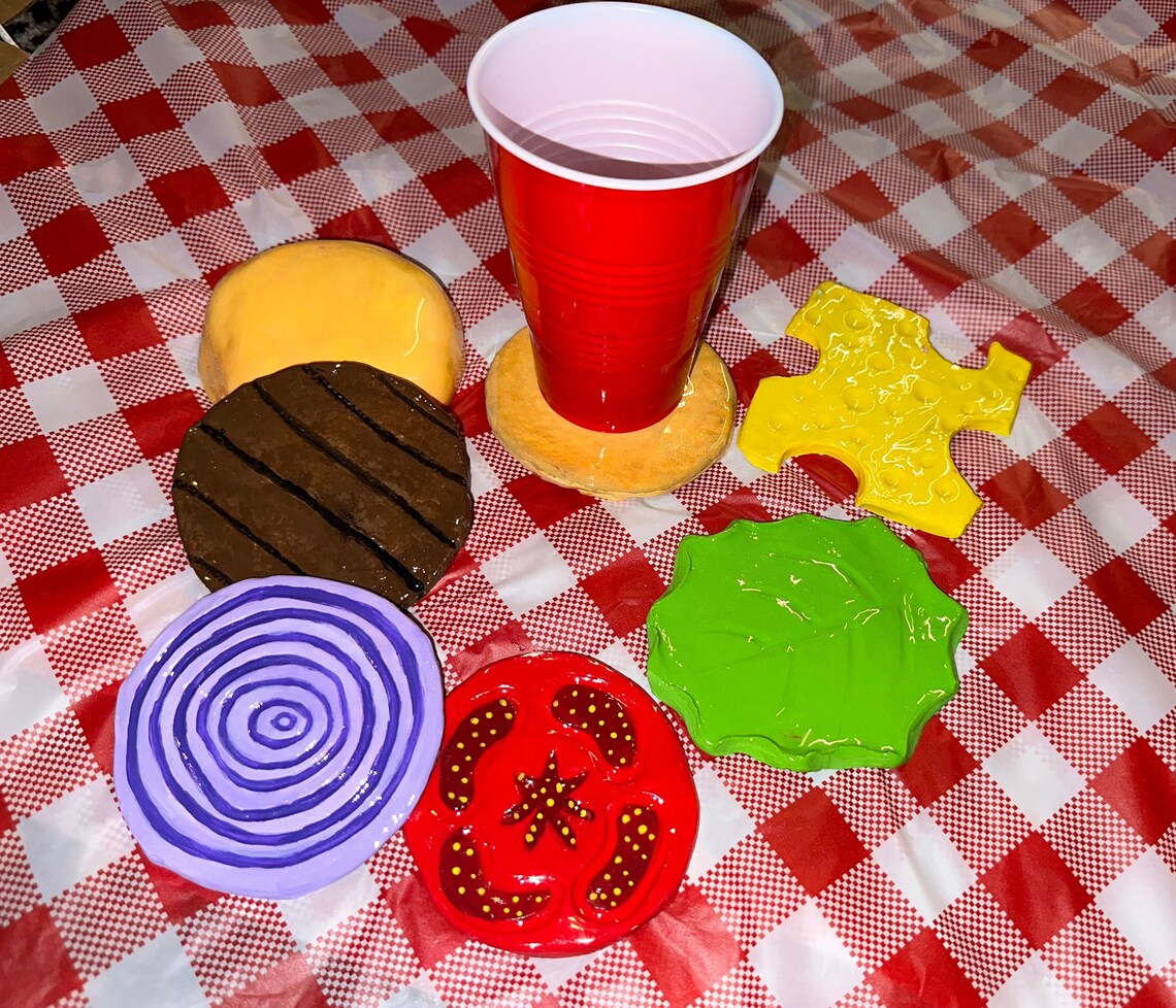 Burger Coaster 7pc Set | Handmade Clay Fun Abstract Coaster | Krabby ...