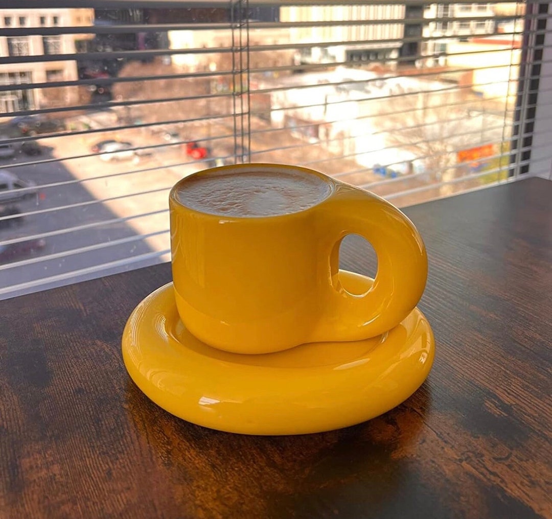 Chunky Yellow 10oz Ceramic Coffee Mug Set | Y2K Trendy Abstract Coffee ...