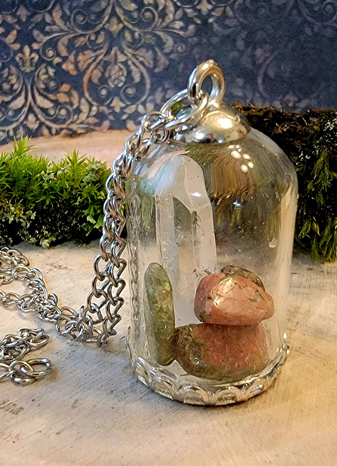 Unakite Crystal Terrarium Pendant, Cottagecore Necklace - Etsy