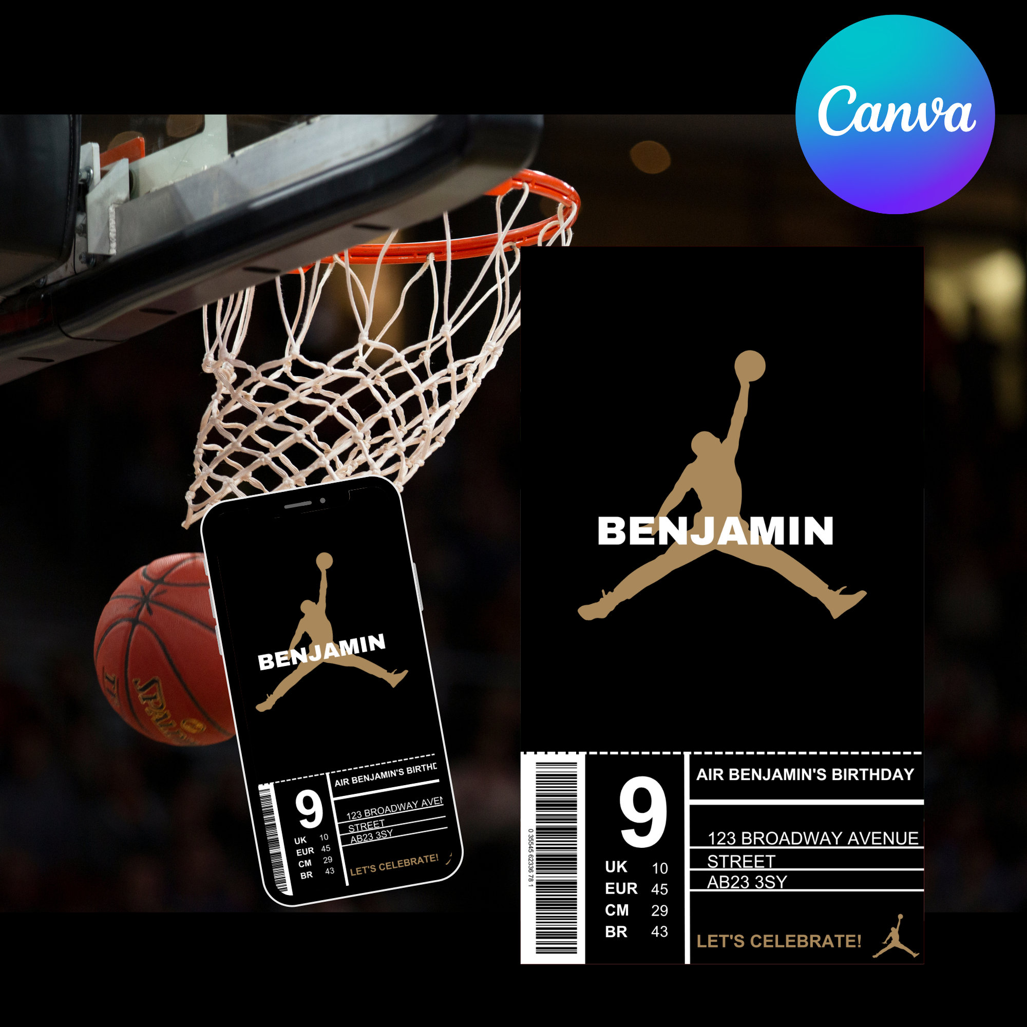 JORDAN JAM INVITATION Gold Basketball Party Invitation Kids Hoops ...