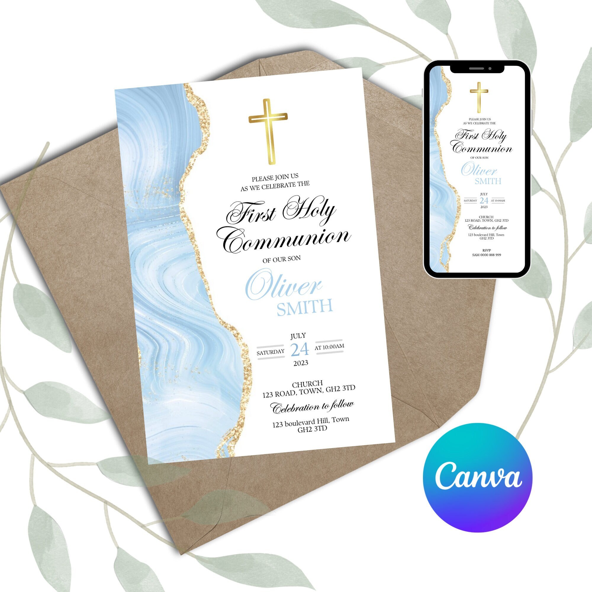 HOLY COMMUNION INVITATION Template | First Holy Communion Invite | Boy ...