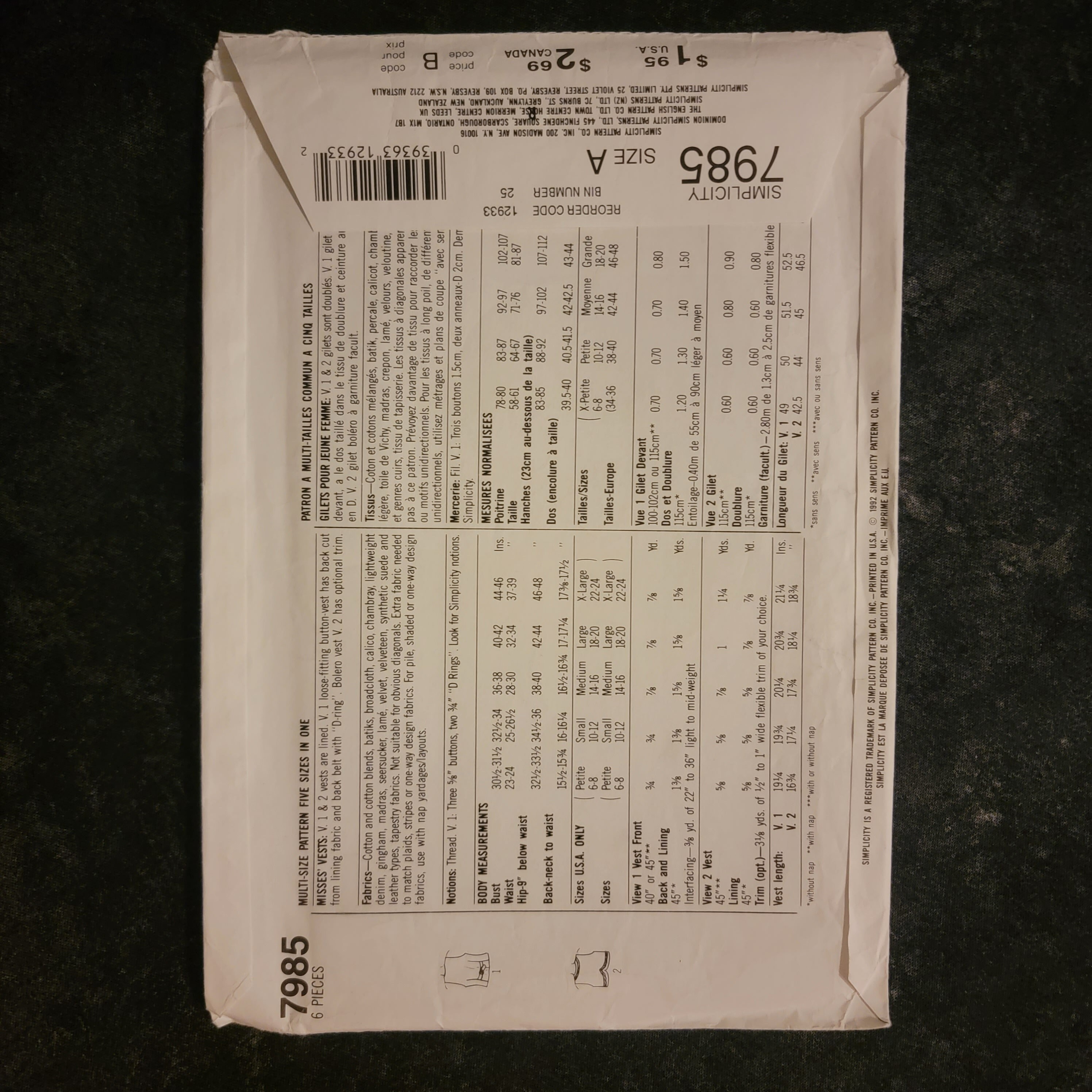 Simplicity 7985 Pattern, Simplicity Misses Pattern, Misses Vest Pattern ...