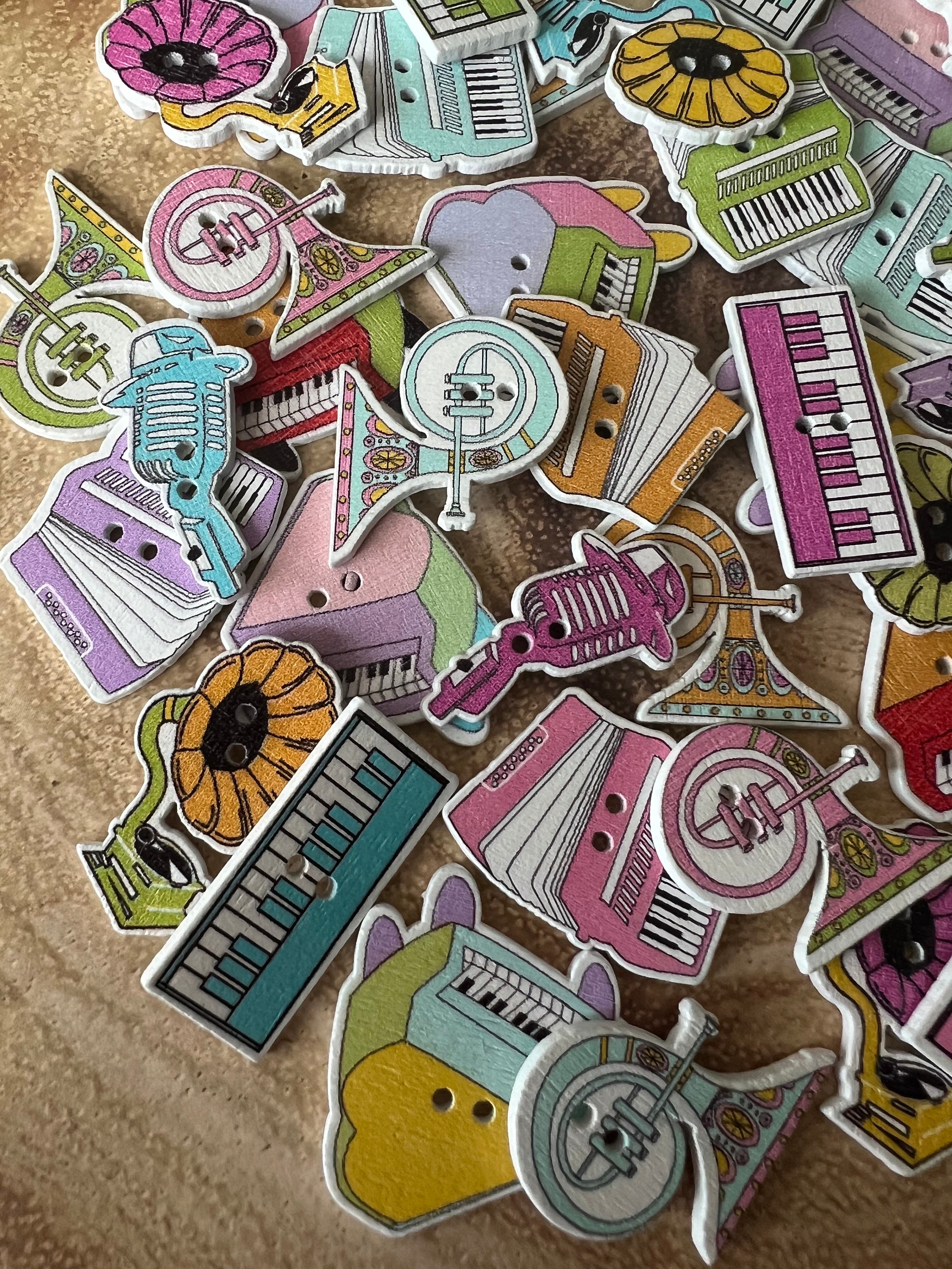Pack of 10 Musical Instrument Buttons, Wooden Music Buttons, Craft ...