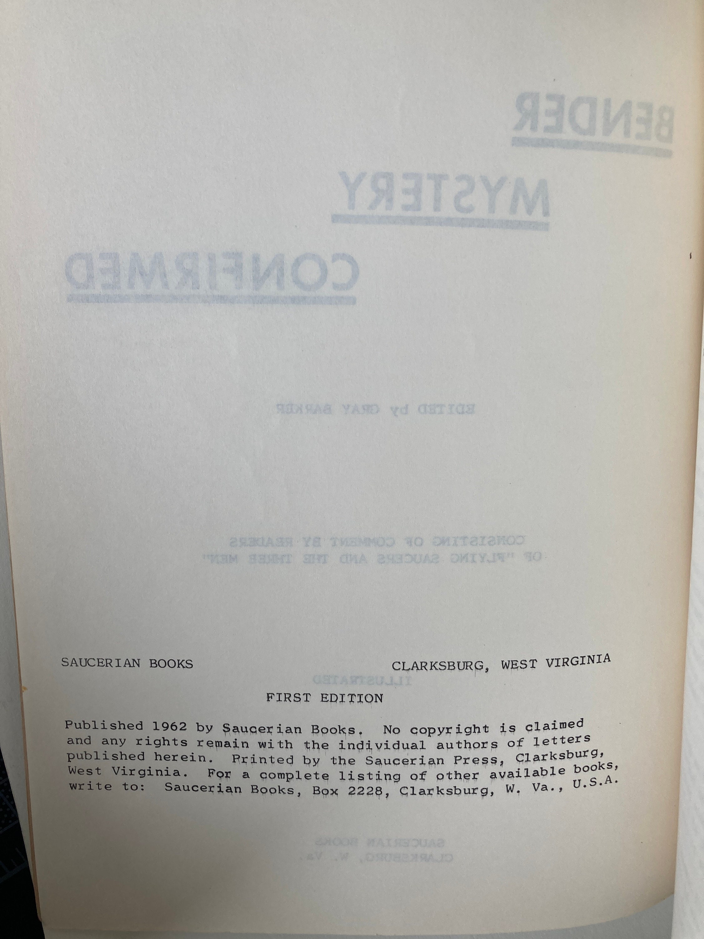 Rare 1st Edition: Bender Mystery Confirmed by Gray Barker, 1962 - Etsy