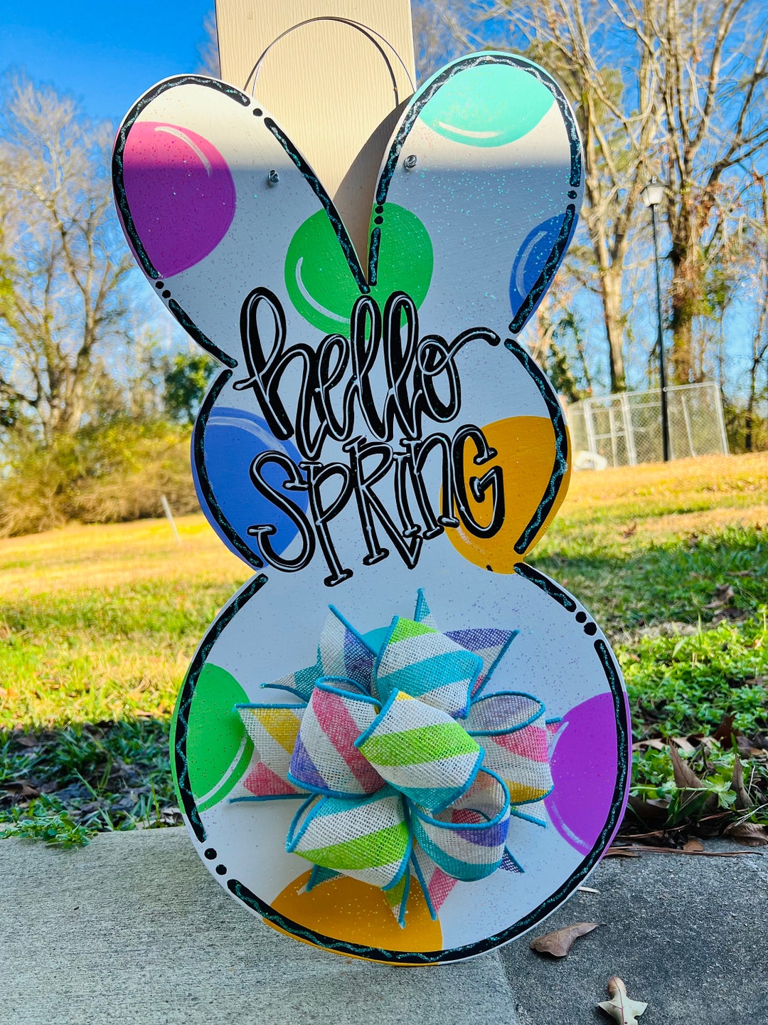 Hello Spring Bunny Door Hanger: Easter Decor With Bow - Etsy
