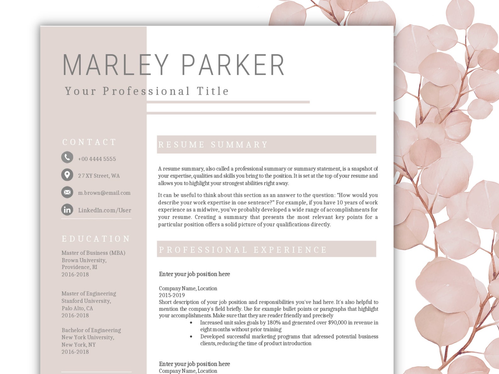 One Page Resume Template I Cv Design With Cover Letter I Cv - Etsy Canada