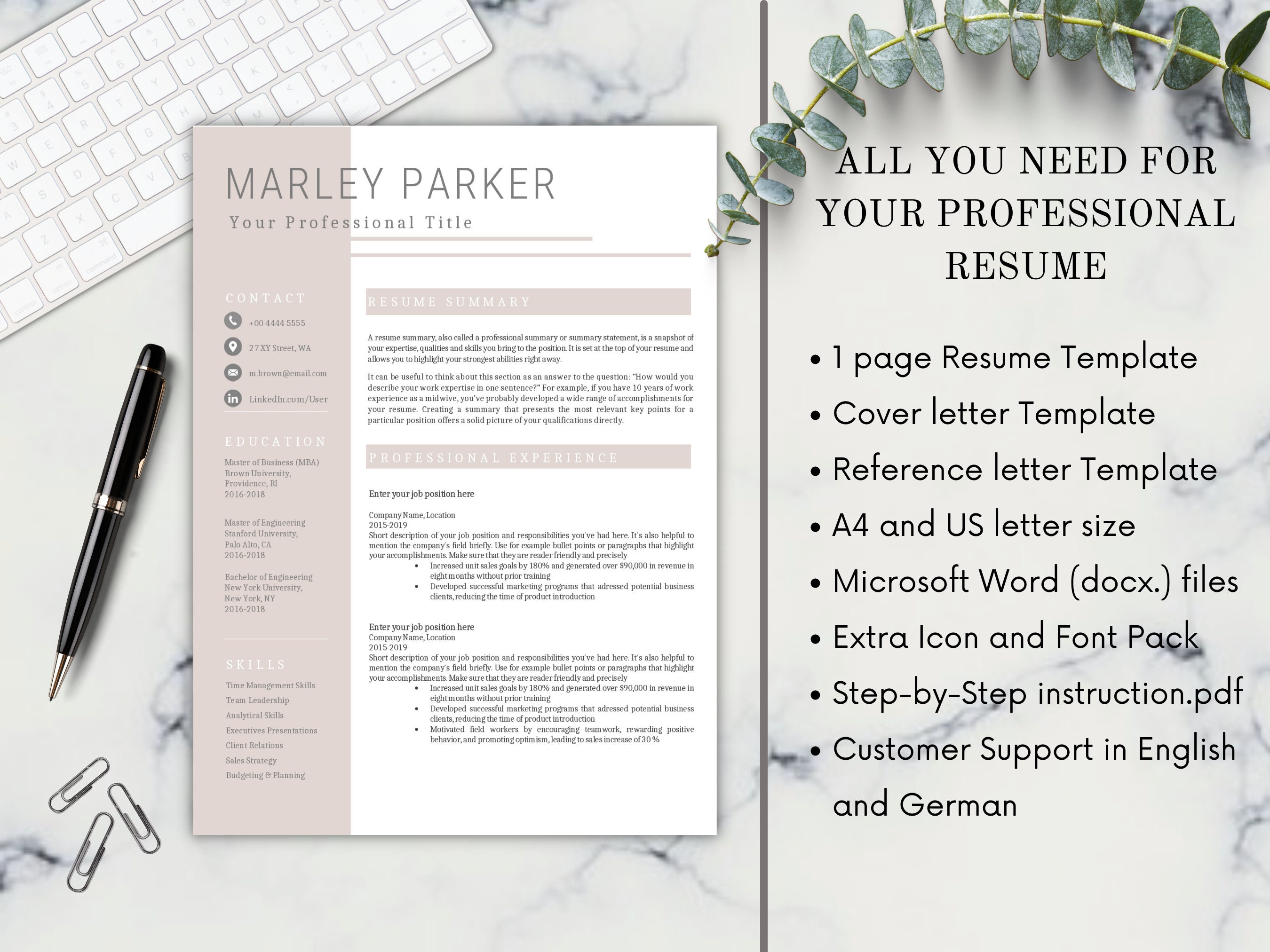 One Page Resume Template I Cv Design With Cover Letter I Cv | Etsy Canada
