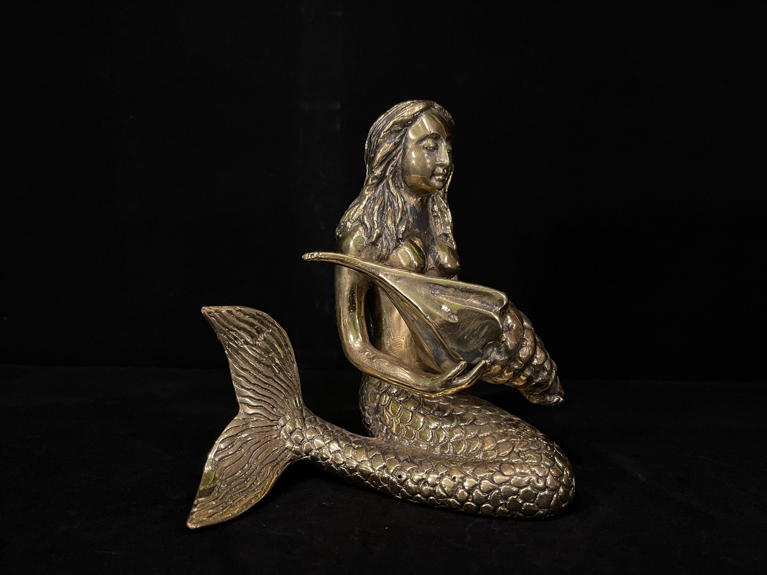 Sitting Mermaid Carrying Shell Statue Nude Female Bronze - Etsy