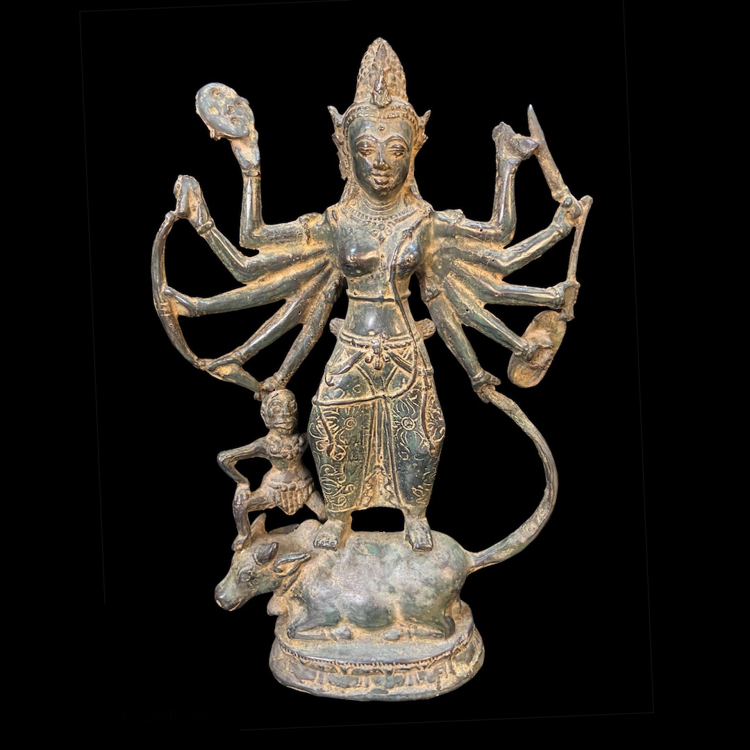 Durga Statue, Mahakali Goddess, Kali Ride Sacred Nandi Bronze Sculpture ...