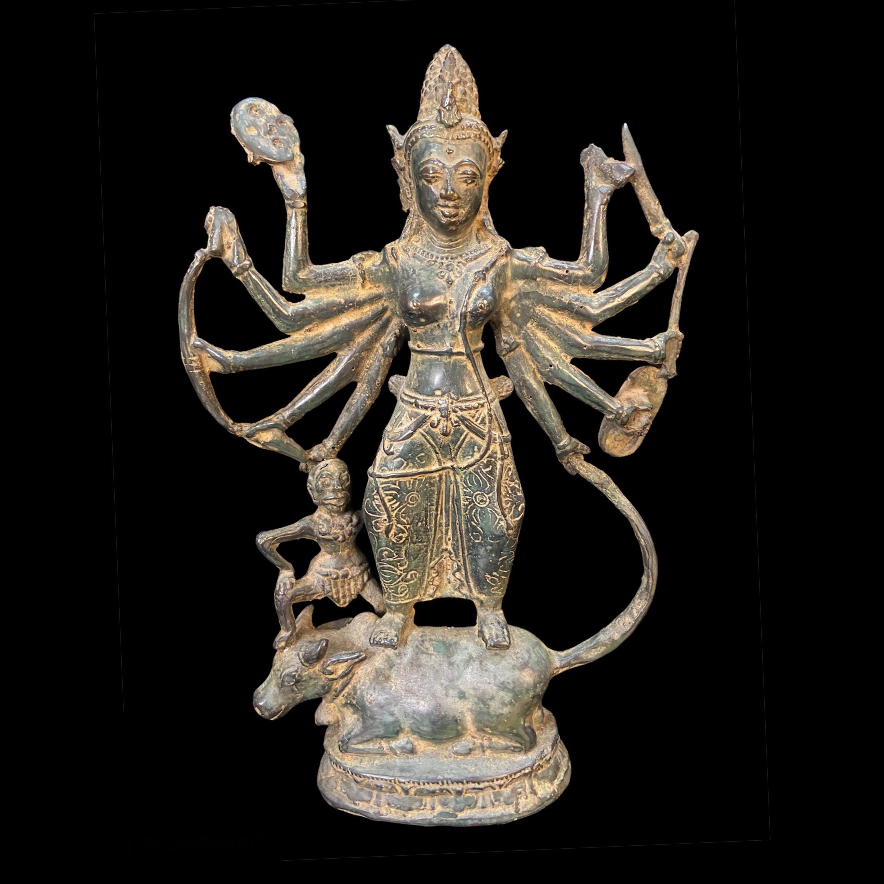 Durga Statue, Mahakali Goddess, Kali Ride Sacred Nandi Bronze Sculpture ...