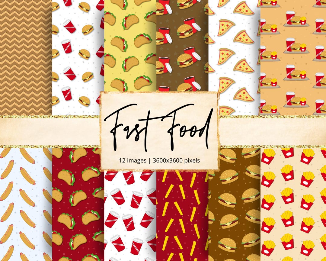 Fast Food Digital Paper, Burger, Fries, Pizza, Taco, Chicken Nuggets ...
